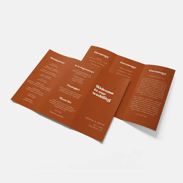 Stylish retro Burnt Orange Trifold Wedding Program Flyer | Zazzle