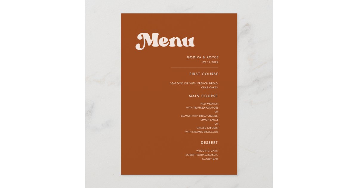 Stylish retro burnt orange wedding menu | Zazzle