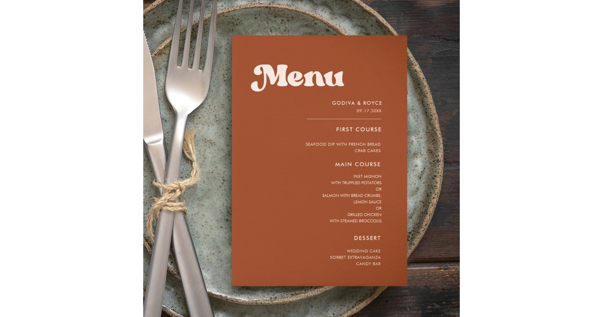 Stylish retro burnt orange wedding menu | Zazzle