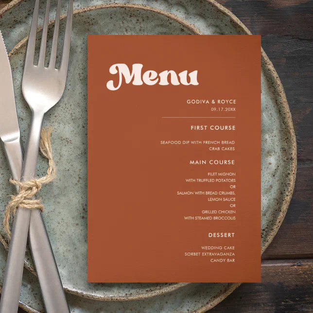 Stylish retro burnt orange wedding menu | Zazzle