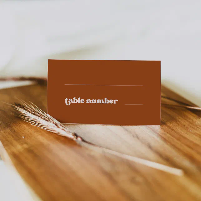Stylish retro burnt orange wedding place card | Zazzle