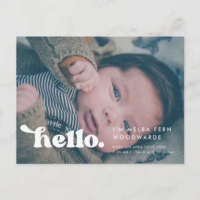 Stylish retro Hello Baby Photo Birth announcement Postcard | Zazzle