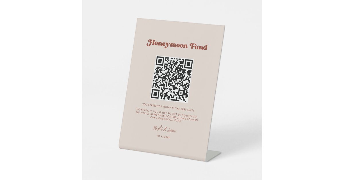 Stylish retro Peach Pink Honeymoon fund QR code Pedestal Sign | Zazzle
