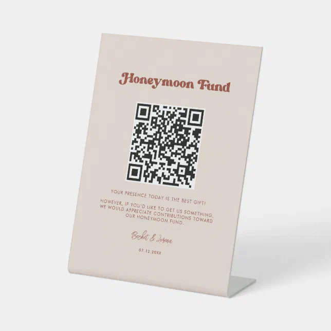 Stylish retro Peach Pink Honeymoon fund QR code Pedestal Sign | Zazzle