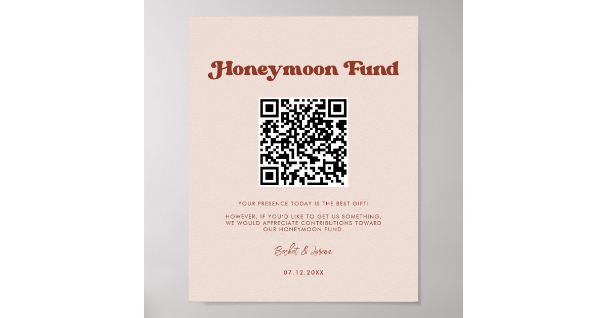 Stylish retro Peach Pink Honeymoon fund QR code Poster | Zazzle