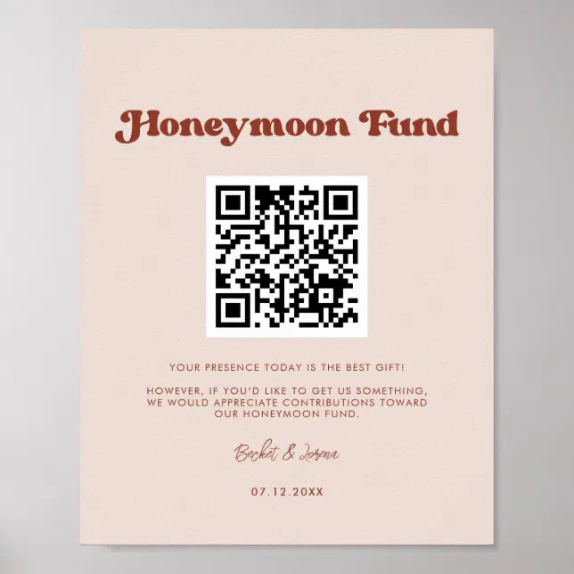Stylish retro Peach Pink Honeymoon fund QR code Poster | Zazzle