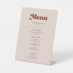 Stylish retro peach pink wedding menu pedestal sign | Zazzle