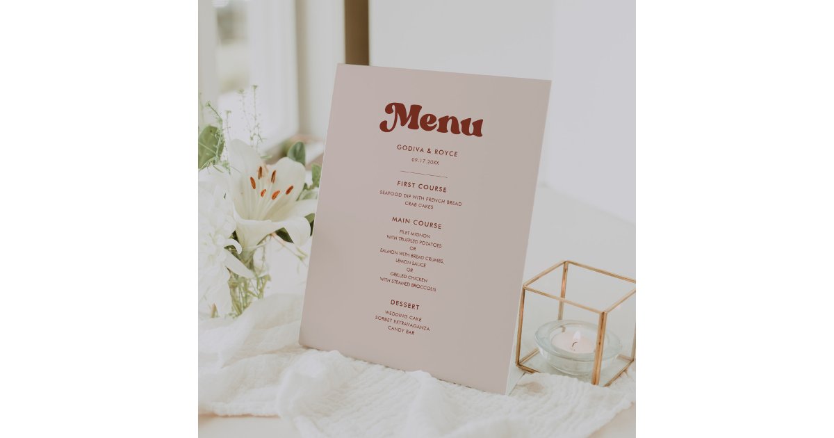 Stylish retro peach pink wedding menu pedestal sign | Zazzle