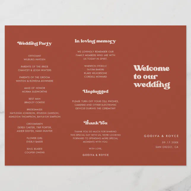 Stylish retro Terracotta Trifold Wedding Program Flyer | Zazzle