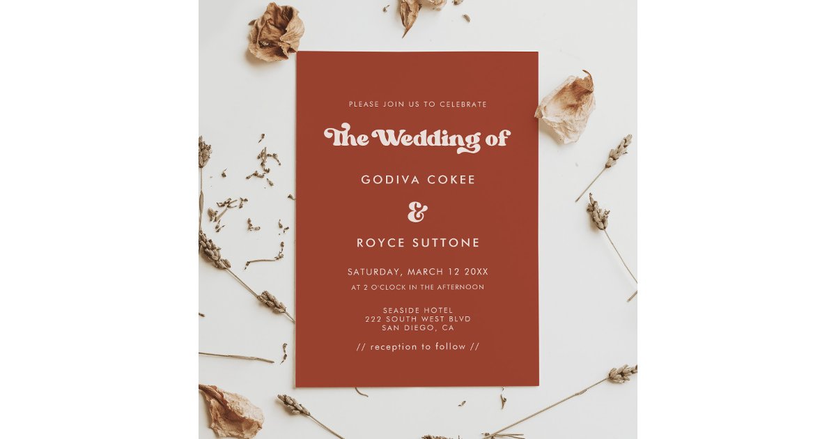 Stylish retro terracotta wedding invitation | Zazzle
