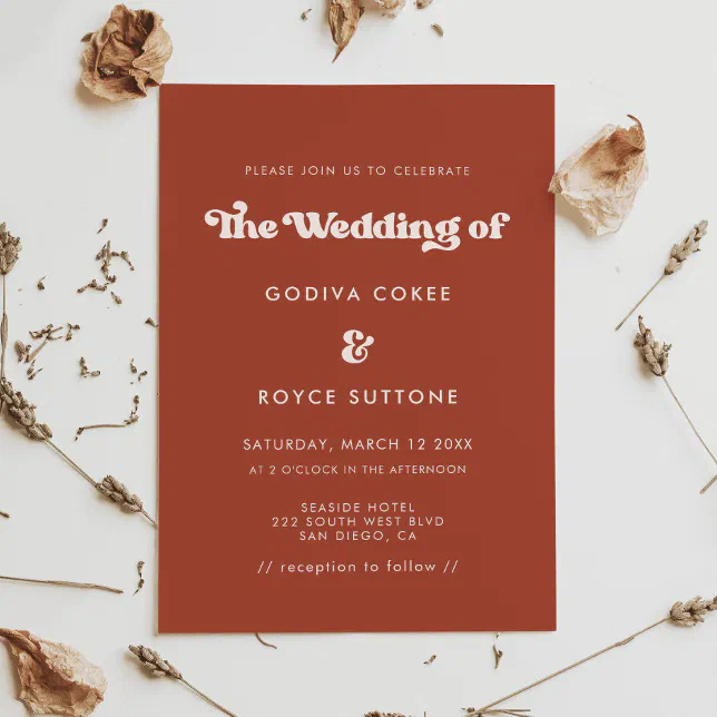 Stylish retro terracotta wedding invitation | Zazzle