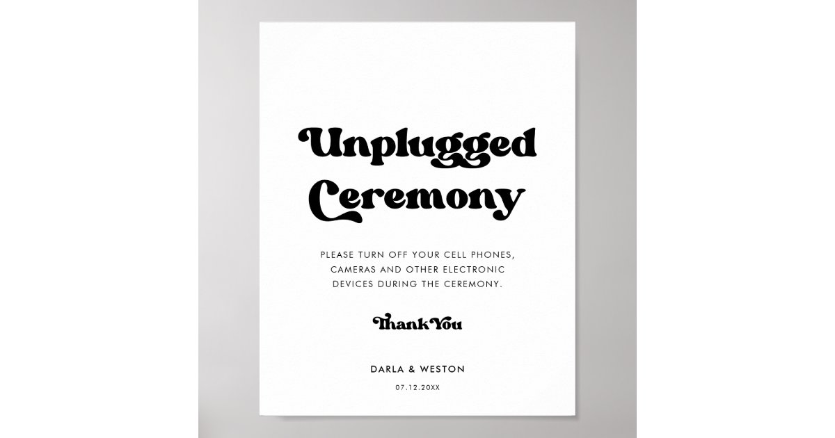 Stylish retro Unplugged ceremony wedding poster | Zazzle