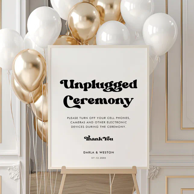 Stylish retro Unplugged ceremony wedding poster | Zazzle