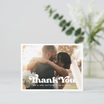 Stylish retro wedding Thank you photo Postcard | Zazzle