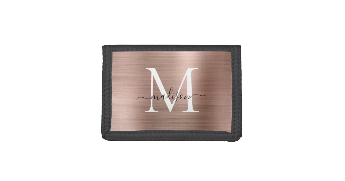 Stylish Rose Gold Brushed Metal Monogram Script Trifold Wallet | Zazzle