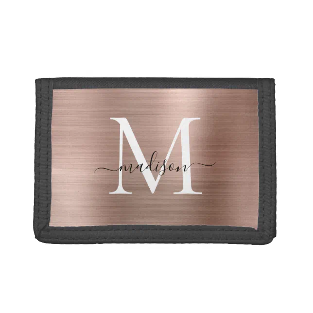 Stylish Rose Gold Brushed Metal Monogram Script Trifold Wallet | Zazzle