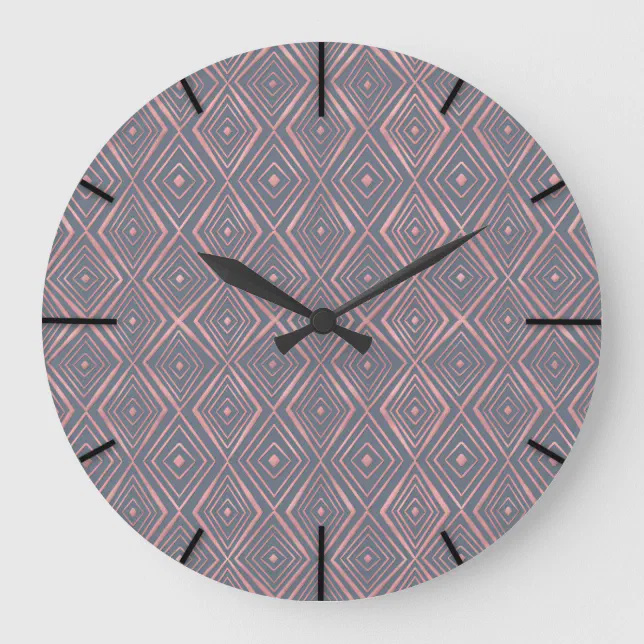 Stylish Rose Gold Diamond Shapes Doodles Gray Large Clock | Zazzle