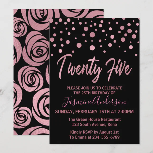 Stylish Rose Gold Faux Foil 25th Birthday Party Invitation | Zazzle