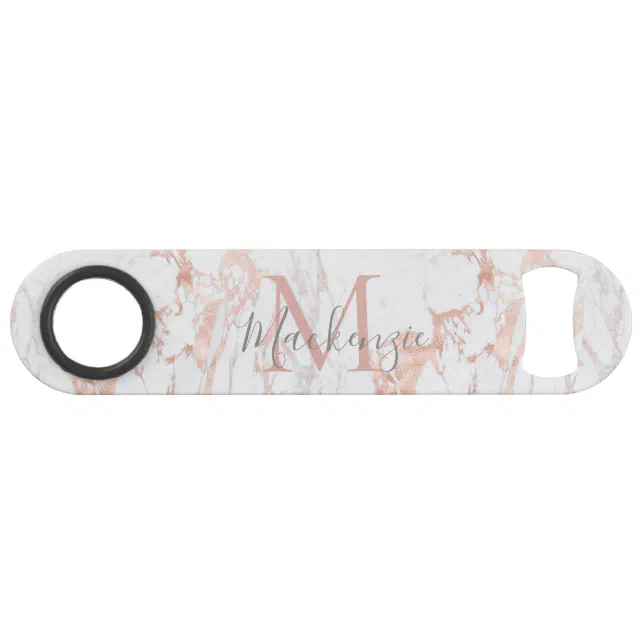 Stylish Rose Gold Foil Marble Monogram Bar Key | Zazzle