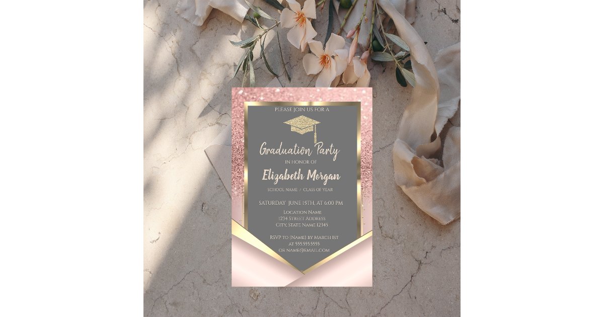Stylish Rose Gold Glitter Diamonds Graduation Invitation | Zazzle