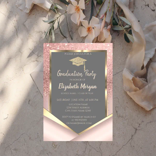 Stylish Rose Gold Glitter Diamonds Graduation Invitation | Zazzle