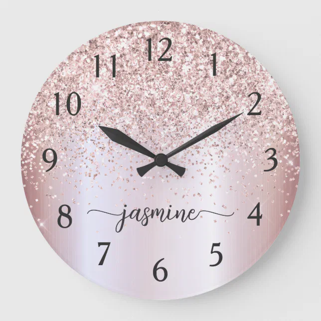 Stylish Rose Gold Glitter Monogram Name Signature Large Clock | Zazzle