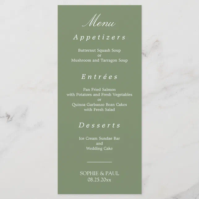 Stylish Sage Green Wedding Menu | Zazzle