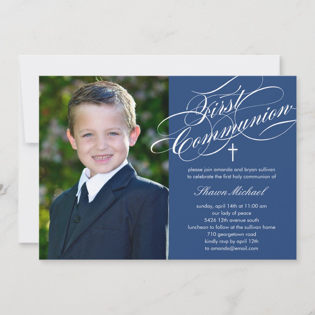 Stylish Script First Communion Invitation - Blue | Zazzle