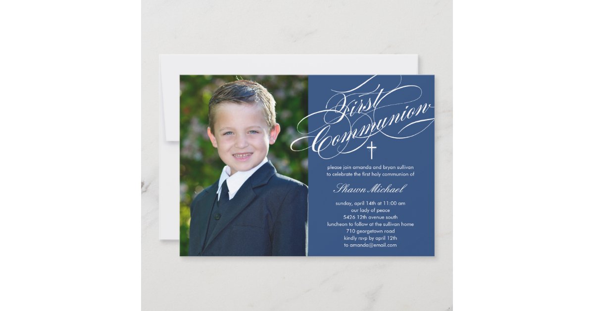Stylish Script First Communion Invitation - Blue | Zazzle