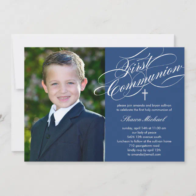 Stylish Script First Communion Invitation - Blue | Zazzle