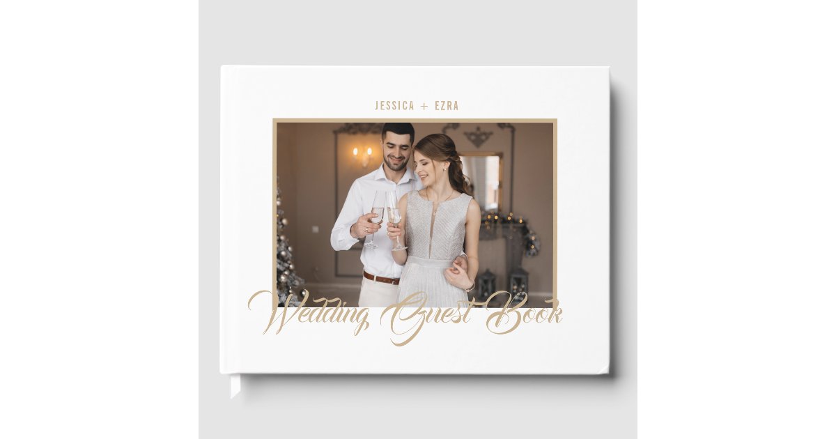 Stylish Script Gold and White | Photo Guest Book | Zazzle
