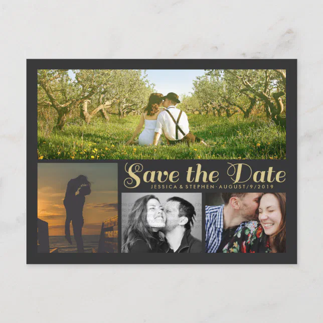 Stylish Script Grey Save The Date Collage Postcard | Zazzle