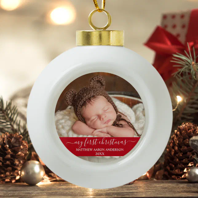 Stylish Script My First Christmas Baby Red Ceramic Ball Christmas ...