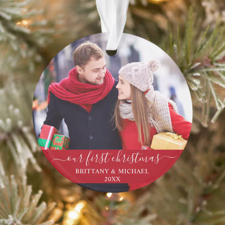 Stylish Script Our First Christmas Couple Red Ornament | Zazzle