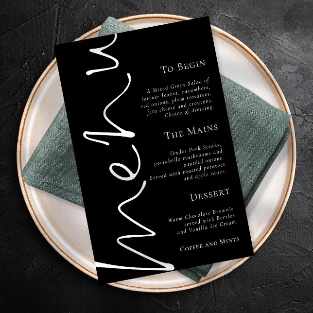 Stylish Script Simple Black Wedding Menu Poster | Zazzle