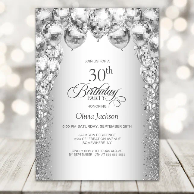 Stylish Silver Balloons 30th Birthday Party Invitation | Zazzle