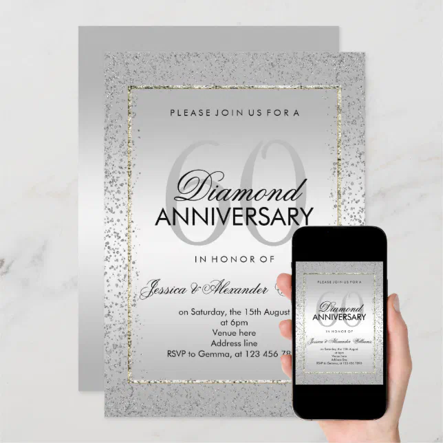 Stylish Silver Confetti 60th Diamond Wedding Invitation | Zazzle