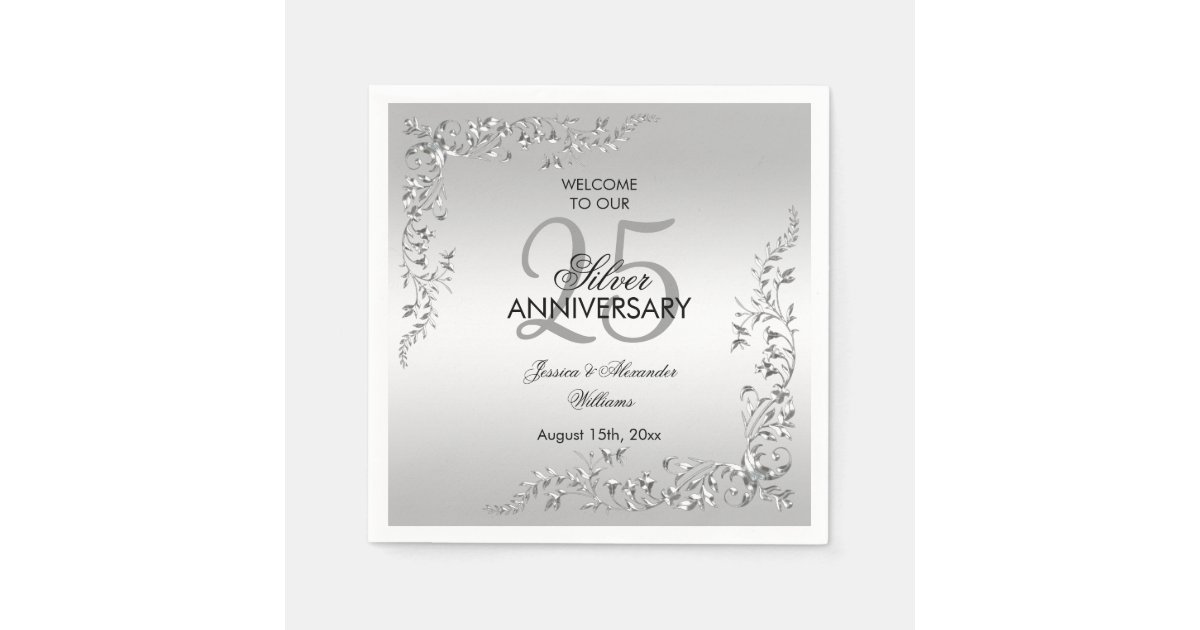 Stylish Silver Decoration 25th Wedding Anniversary Napkins | Zazzle