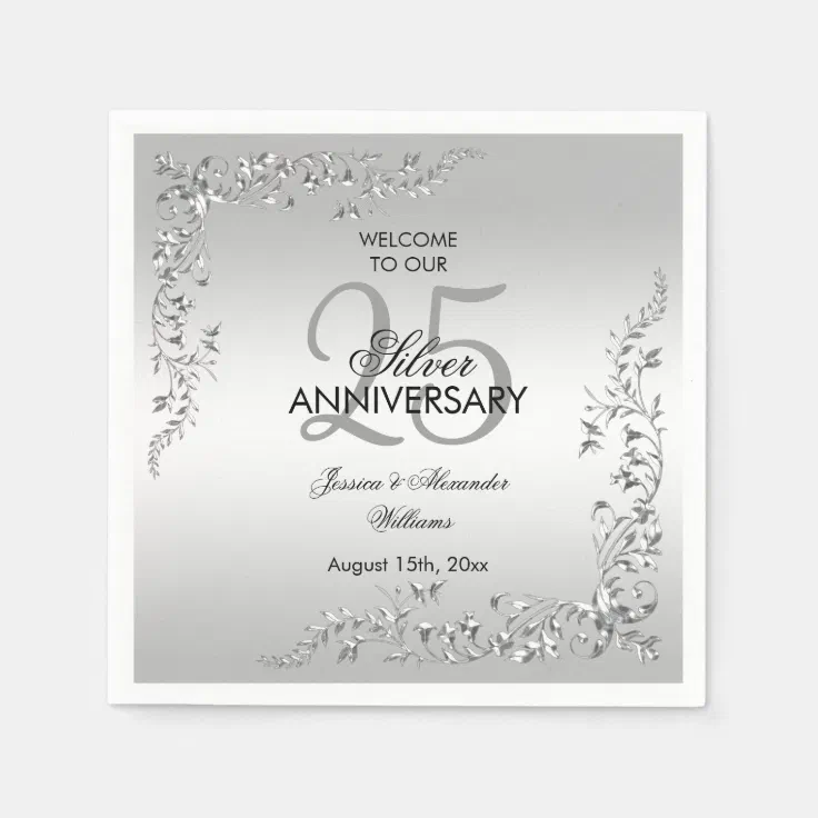 Stylish Silver Decoration 25th Wedding Anniversary Napkins | Zazzle