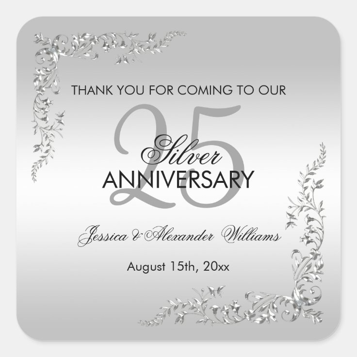 Stylish Silver Decoration 25th Wedding Anniversary Square Sticker | Zazzle