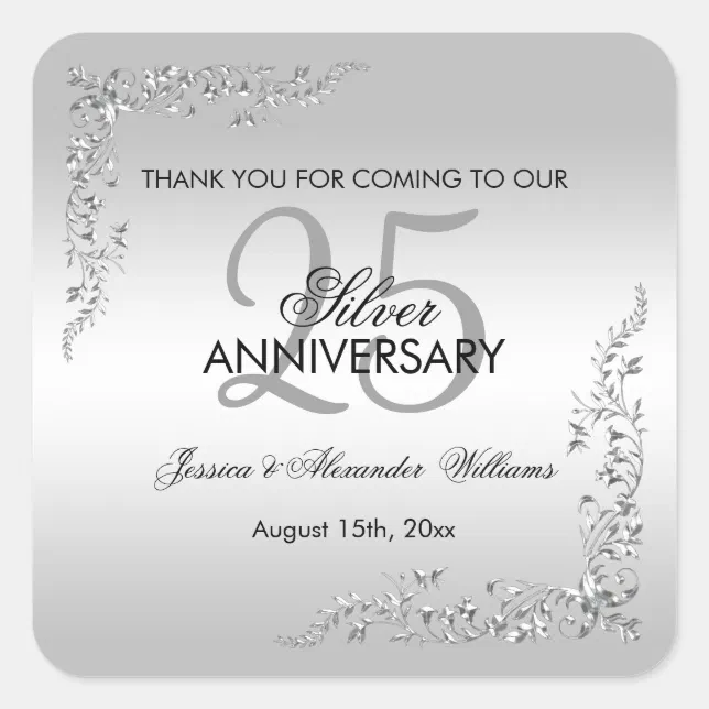Stylish Silver Decoration 25th Wedding Anniversary Square Sticker | Zazzle