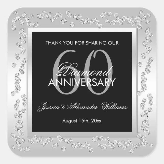 Stylish Silver Diamonds 60th Wedding Anniversary Square Sticker | Zazzle