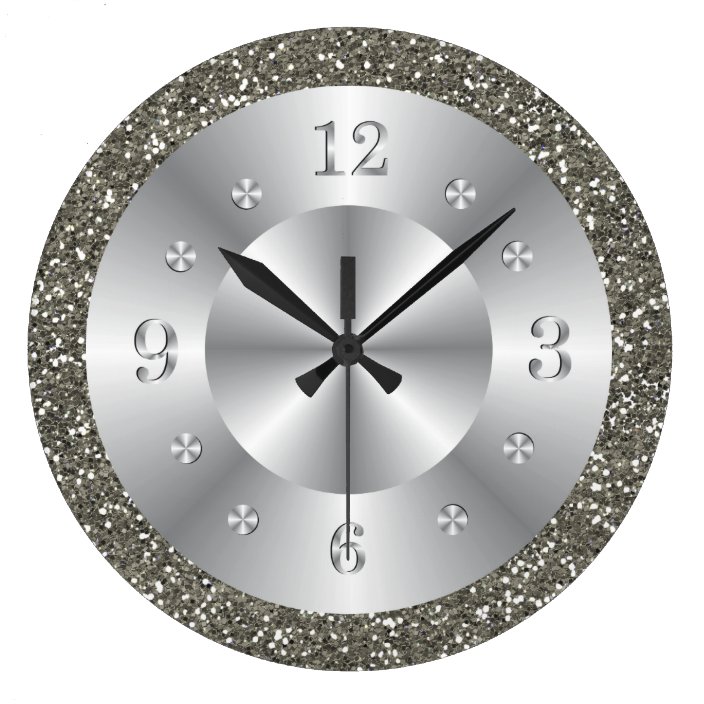 Stylish Silver Glitter Metallic Gray Shiny Numbers Large Clock | Zazzle.com