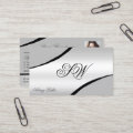 Stylish Silver Gray Curved Lines Monogram Photo Business Card | Zazzle