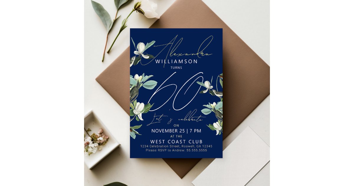 Stylish Sixty Modern Script Blue Floral Invitation | Zazzle