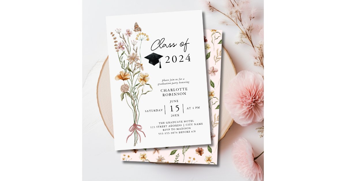 Stylish Spring Wildflower Bouquet Graduation Party Invitation | Zazzle