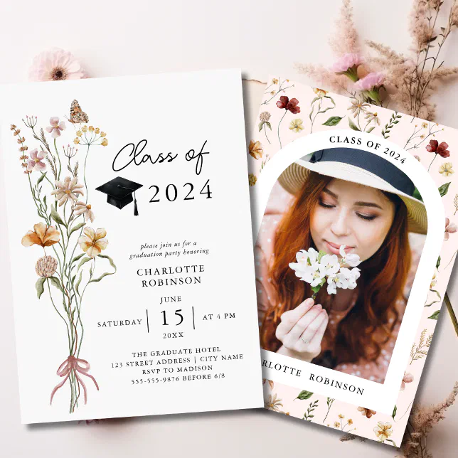 Stylish Spring Wildflower Graduation Party Photo Invitation | Zazzle