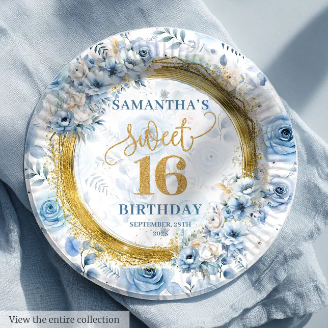 Stylish Sweet 16 Pastel Blue Gold Glitter Plates | Zazzle