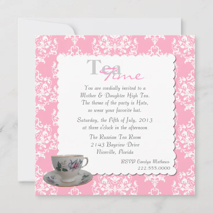 Stylish Tea Party Pink Damask Invitation | Zazzle