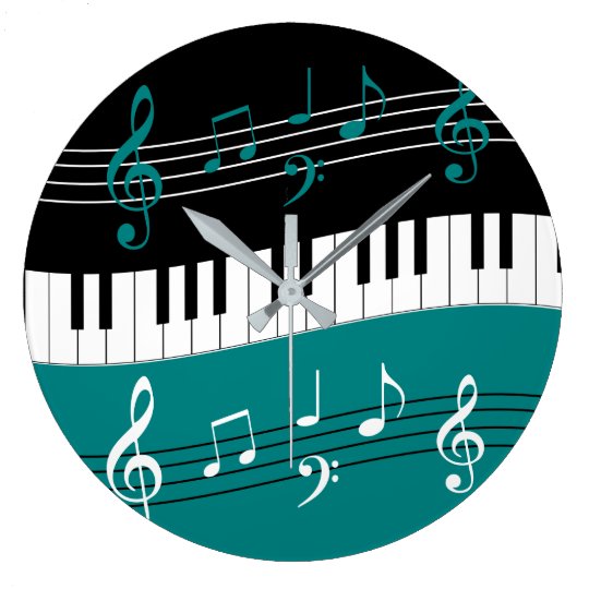 Stylish Teal Black White Piano Keys and Notes Large Clock | Zazzle.com